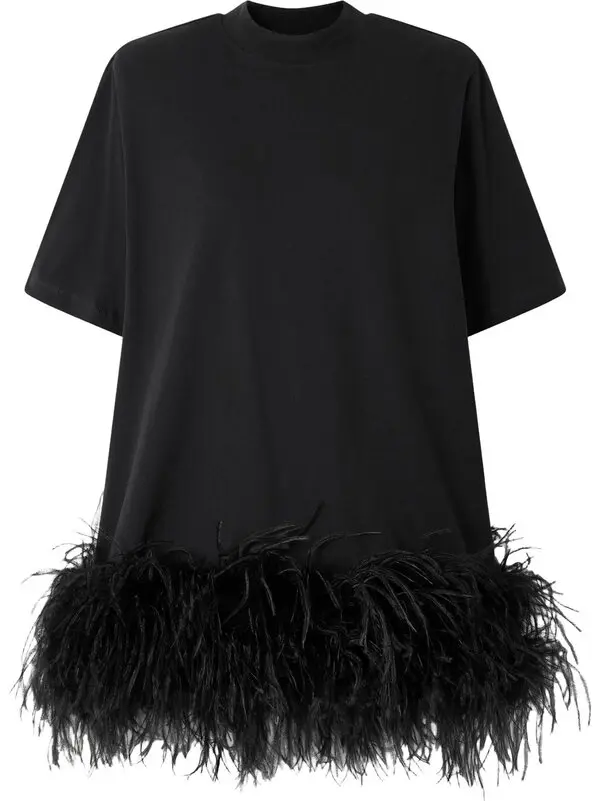 Attico Feather-trimmed Cotton-jersey Mini Dress - Black