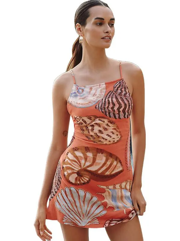 CELANDINE Linen Blend Sleeveless Seashell Mini Dress - Orange Pattern