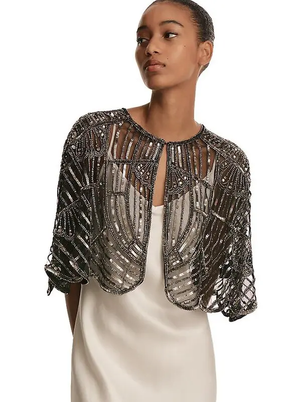 Anthropologie Beaded Cape Top - Gunmetal