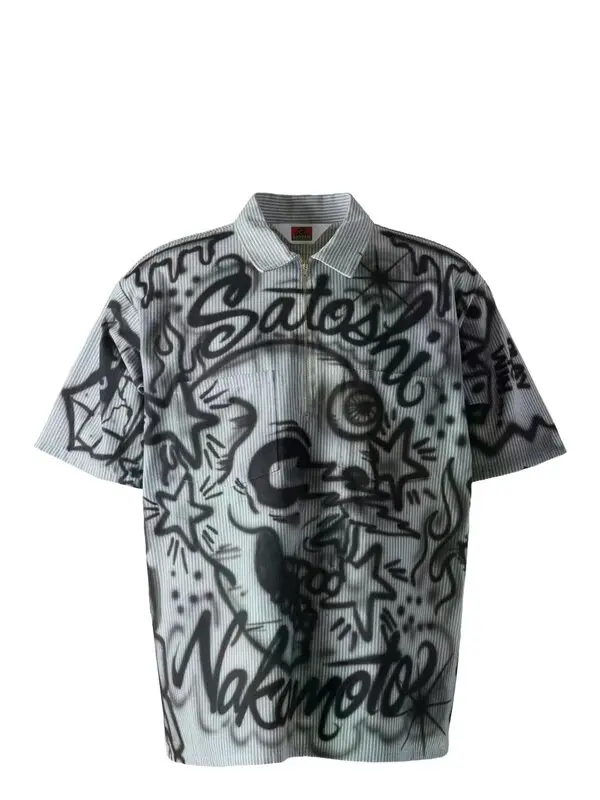 SATOSHI NAKAMOTO Pinstripe Graphic Polo Shirt - Grey