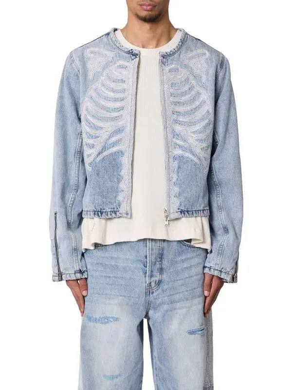 Mnml Skeleton Denim Moto Jacket - Washed Blue