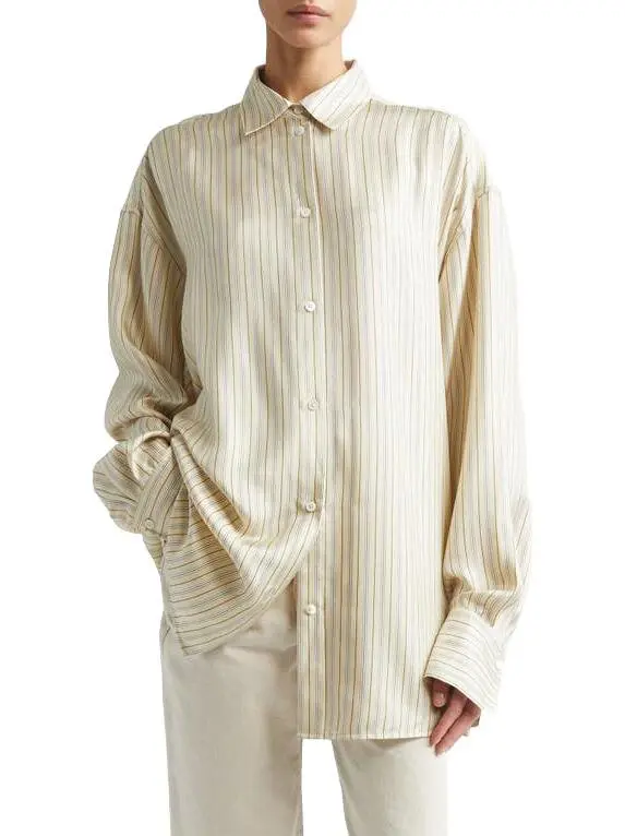 TOTEME Oversize Stripe Silk Button-up Shirt - Beige/brown