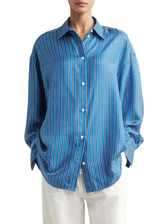TOTEME Oversize Stripe Silk Button-up Shirt - Blue/navy