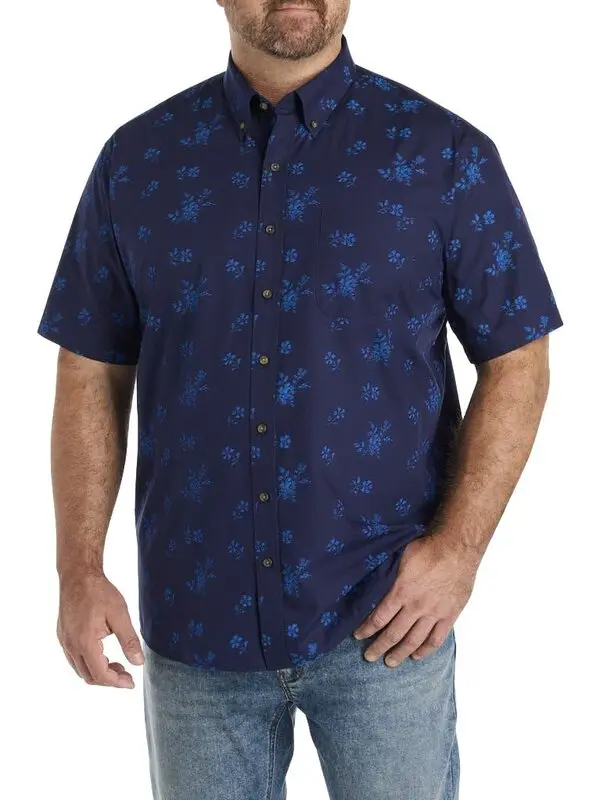 HARBOR BAY BY DXL Big & Tall Easy-care Floral Print Sport Shirt - Blue