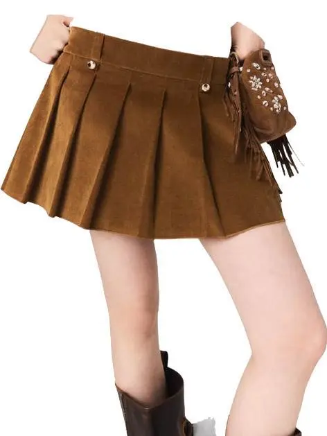 Maje Pleated Corduroy Mini Skirt - Camel