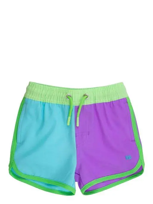 RUGGEDBUTTS Stretch Dolphin Hem Swim Trunks - Neon Bright Aqua Color Block