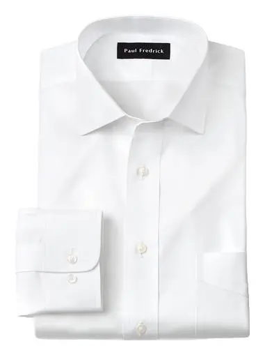 PAUL FREDRICK Tailored Fit Non-iron Cotton Pinpoint Solid Spread Collar Dress Shirt - White