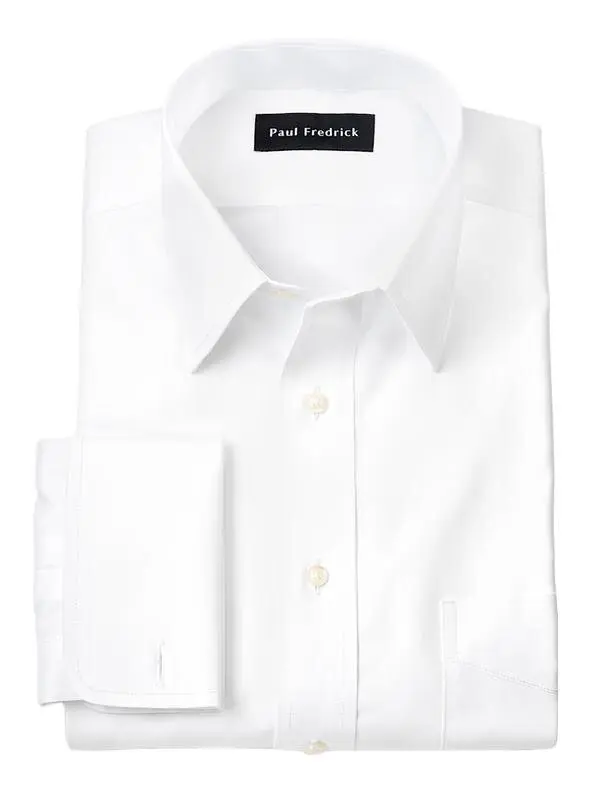PAUL FREDRICK Slim Fit Non-iron Cotton Pinpoint Solid Point Collar French Cuff Dress Shirt - White