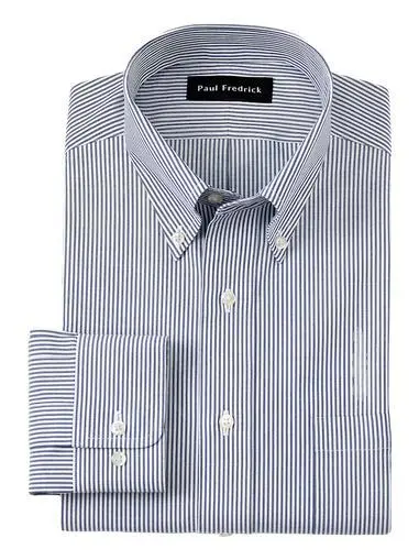 PAUL FREDRICK Tailored Fit Non-iron Cotton Pinpoint Solid Button Down Collar Dress Shirt - Blue Stripe