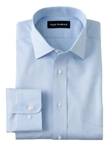 PAUL FREDRICK Slim Fit Non-iron Cotton Pinpoint Solid Spread Collar Dress Shirt - Blue