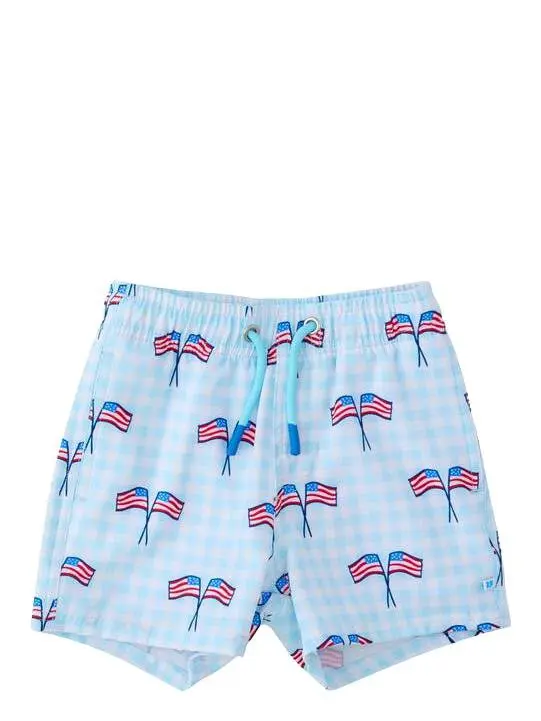 RUGGEDBUTTS Stretch Swim Trunks - Blue Patriotic Gingham