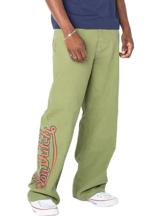 VON DUTCH Baggy Contrast Graphic Straight Leg Pants - Sphagnum