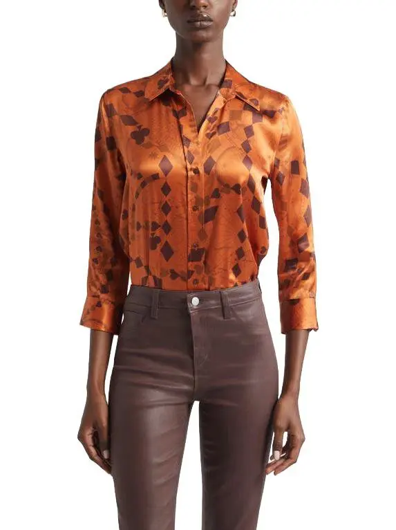 L'Agence Dani Playing Card Print Silk Shirt - Amber Brown Playing Card Geo