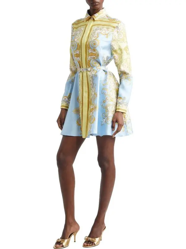 Versace Barocco Print Belted Long Sleeve Silk Shirtdress - Pale Yellow Pastel Blue