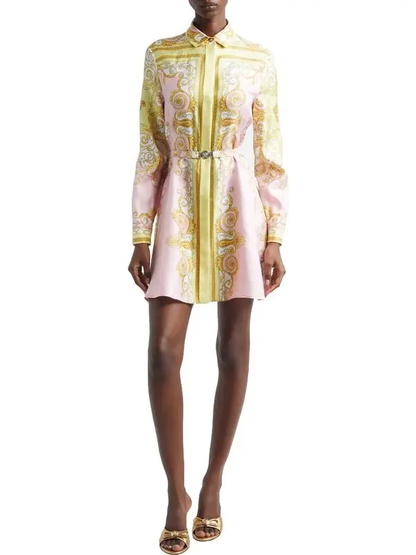 Versace Barocco Print Belted Long Sleeve Silk Shirtdress - Pale Yellow Rose Quartz