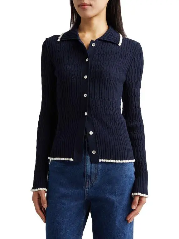 EENK Contrast Trim Pointelle Cable Knit Cardigan - Navy