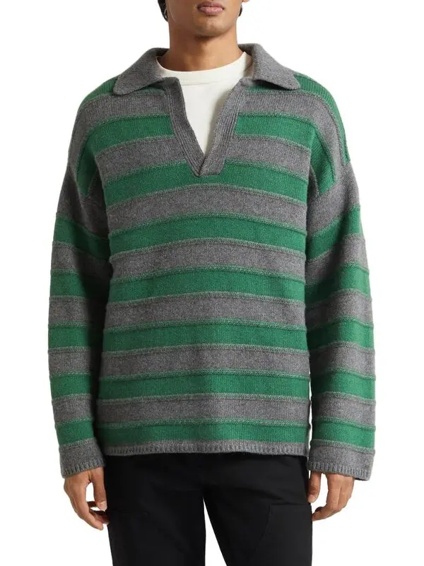 THE ELDER STATESMAN Dume Stripe Cashmere Rugby Sweater - Fern/granite