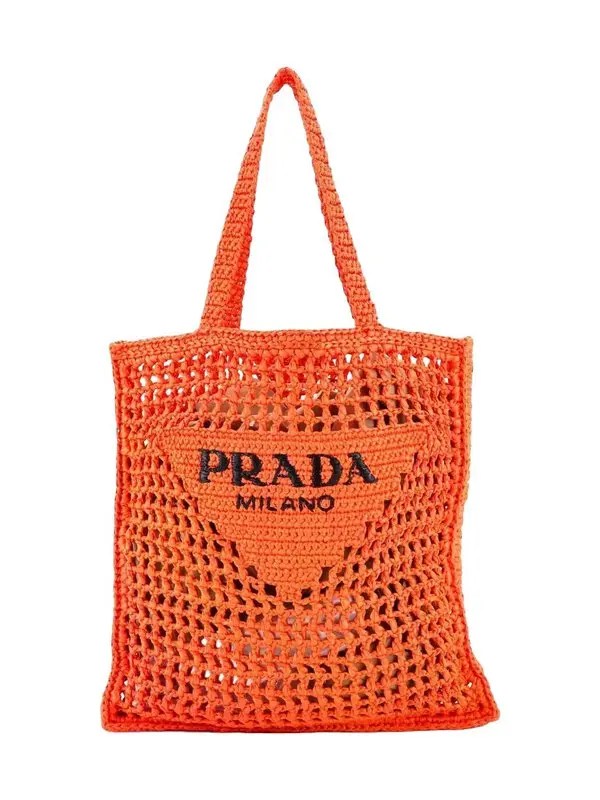 Prada Triangle Logo Raffia Tote Bag - Orange