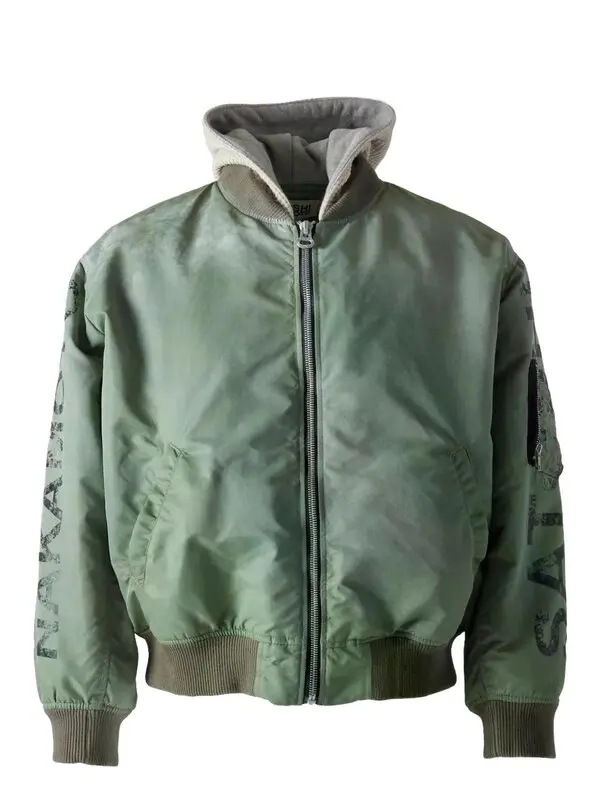 SATOSHI NAKAMOTO Hooded Graphic Bomber Jacket - Green