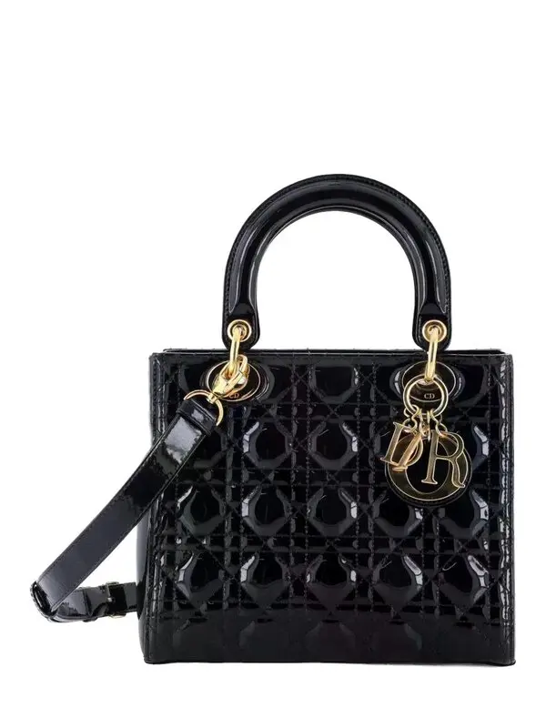 Dior Lady Medium Satchel Cannage Quilt Patent - Black