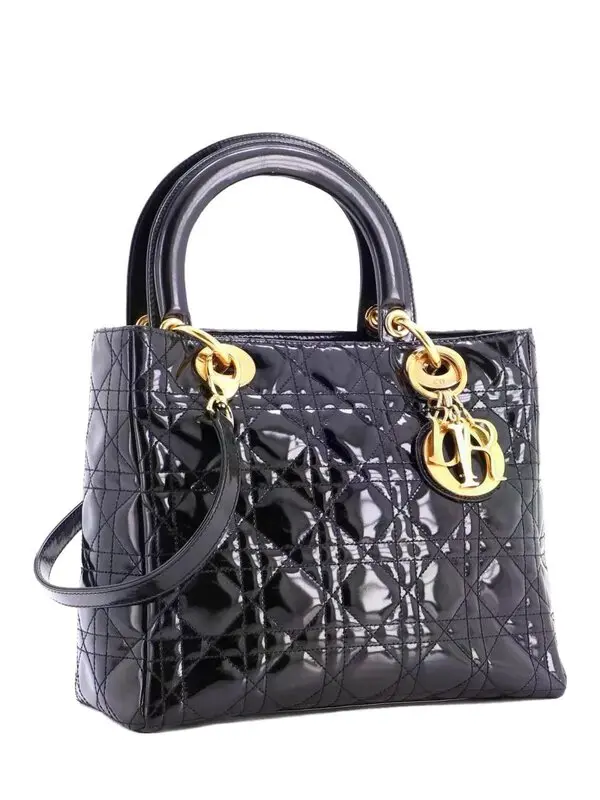 Dior Vintage Lady Cannage Quilt Patent Medium Satchel - Black