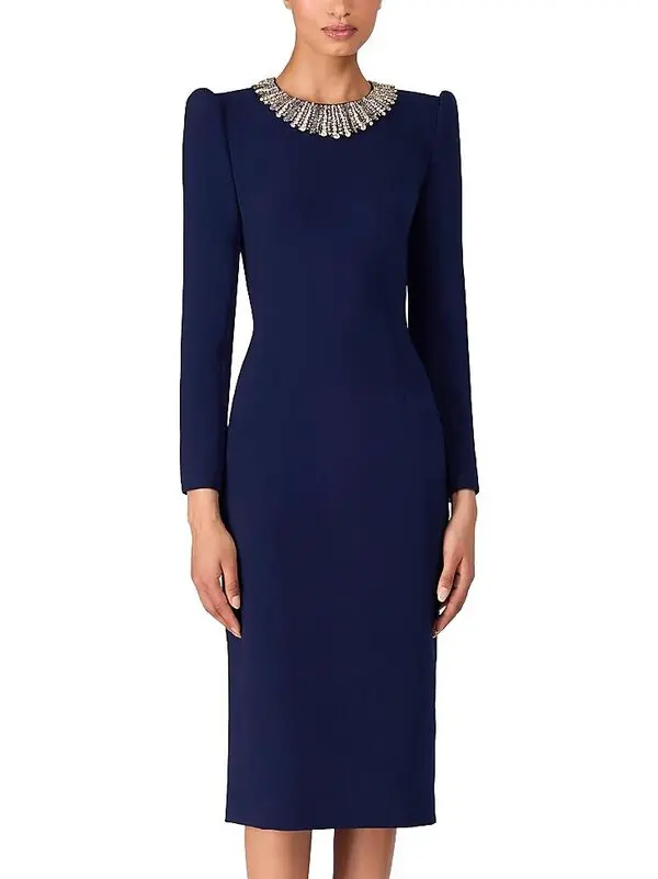 Jenny Packham Long-sleeve Embellished Neckline Midi Dress - Tawny