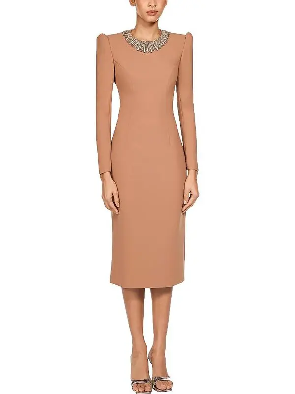 Jenny Packham Long-sleeve Embellished Neckline Midi Dress - Tawny