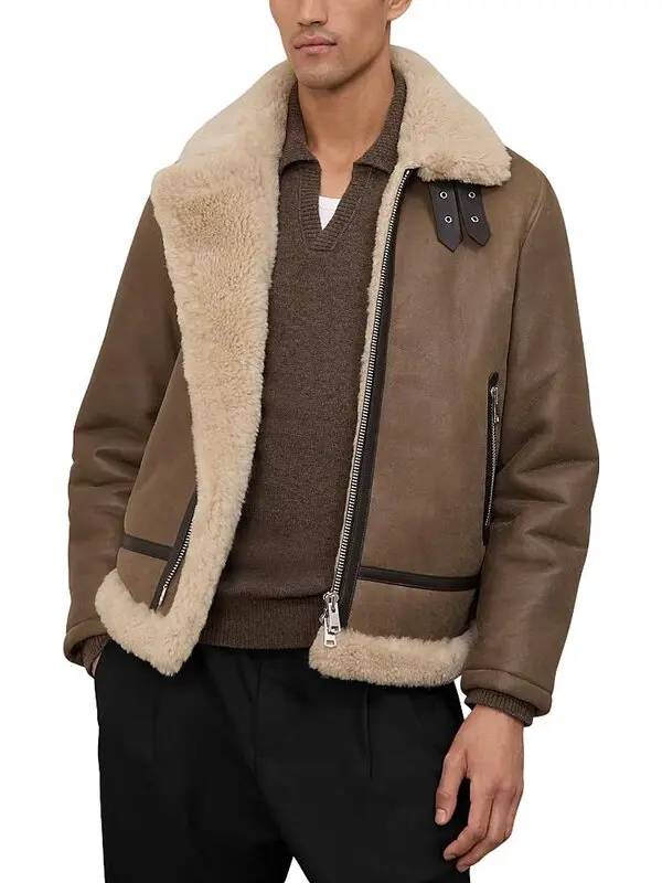 REISS Hardy Shearling Aviator Jacket - Light Brown
