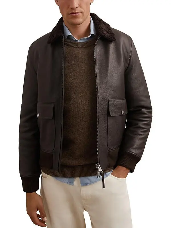 REISS Shearling Collar Leather Jacket - Brown