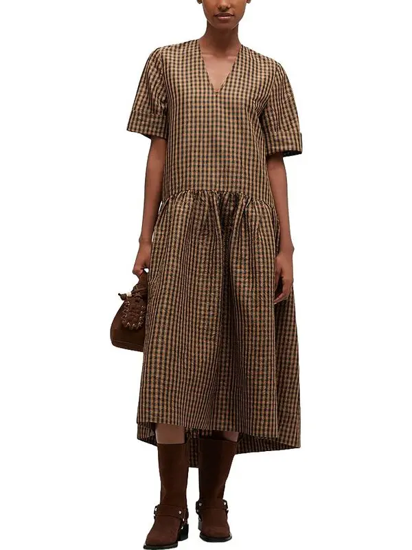 GANNI Crinkled Check Long Dress - Tobacco Brown
