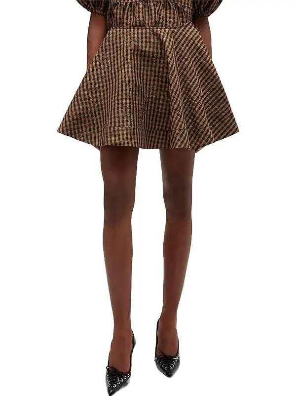 GANNI Crinkled Check Mini Circle Skirt - Tobacco Brown