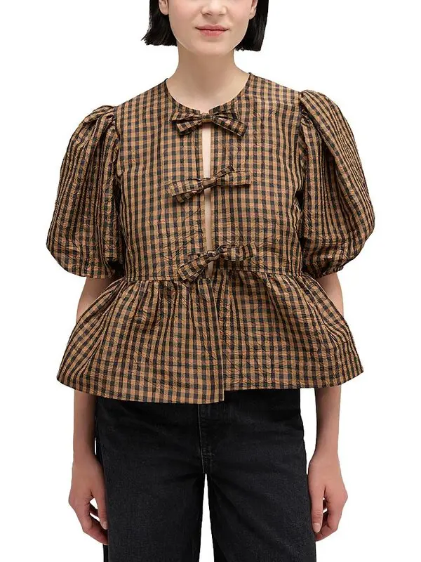 GANNI Checkered Taffeta Top - Tobacco Brown