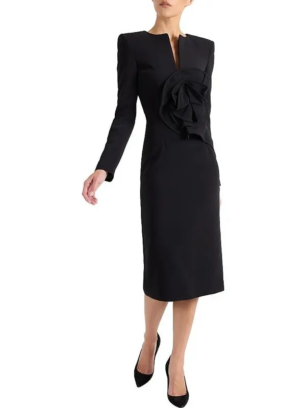 Santorelli Maya Long Sleeve Midi Dress With Floral Applique - Black