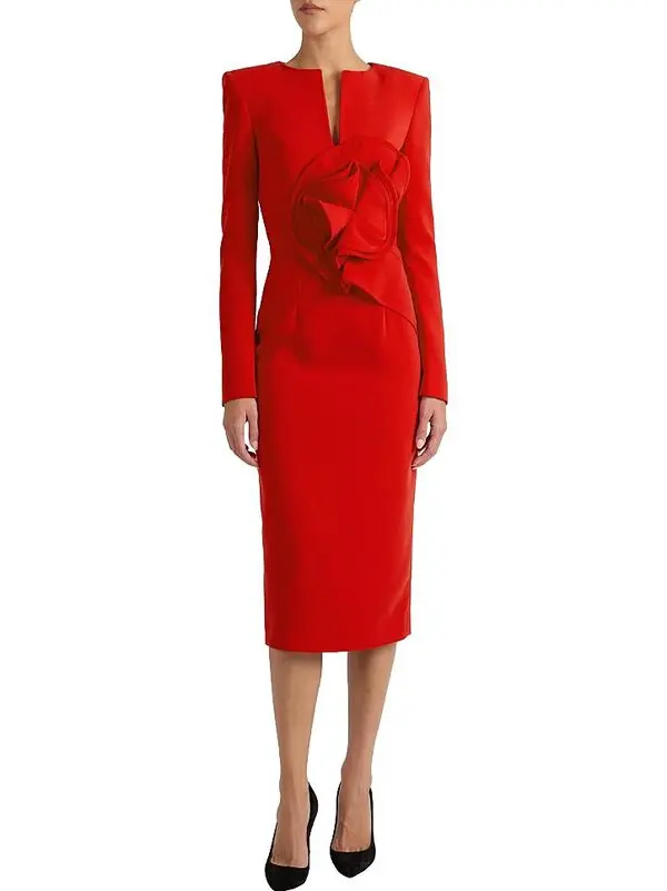Santorelli Maya Long Sleeve Midi Dress With Floral Applique - Scarlet