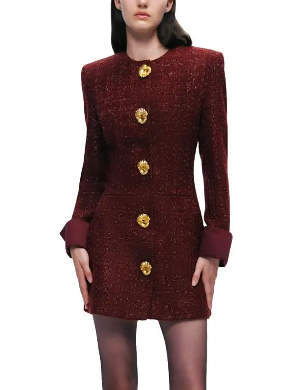 NOCTURNE Gold Button Boucle Mini Dress - Burgundy