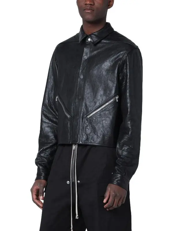 Rick Owens Cropped Leather Jacket With Zip - Black