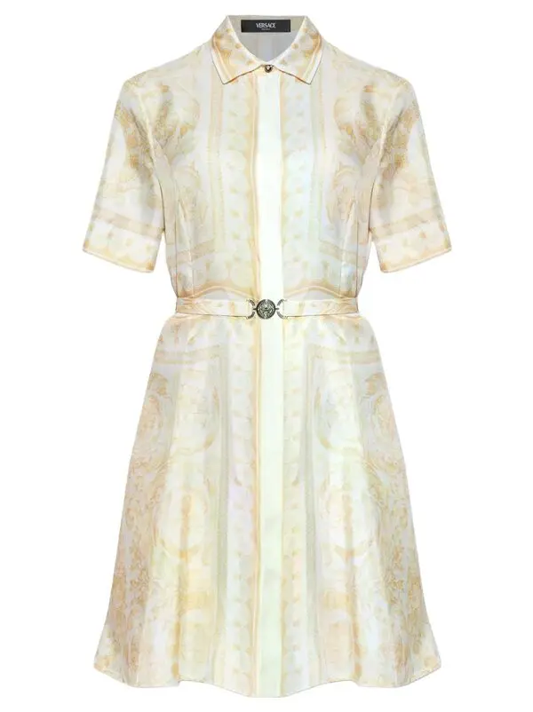Versace Barocco Print Silk Mini Shirt Dress - White