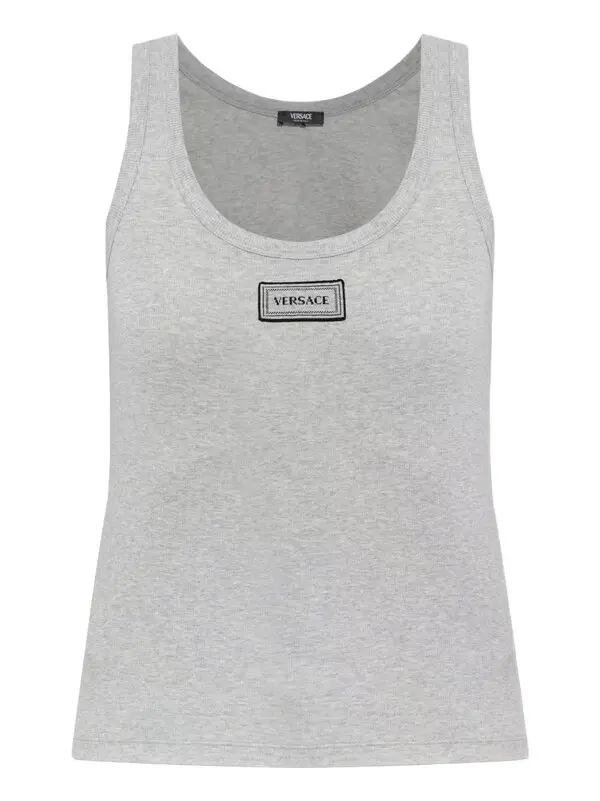 Versace Ribbed Stretch-cotton Sleeveless Logo Patch Tank Top - Grey
