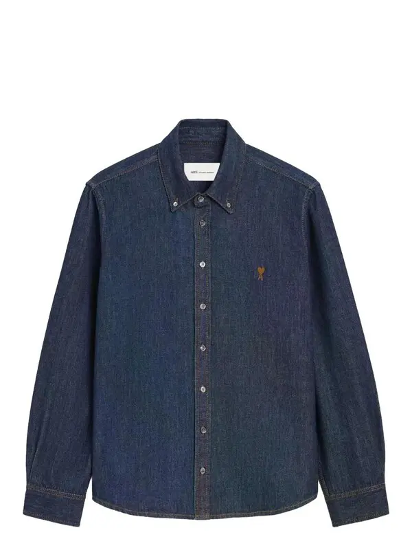 AMI Paris De Coeur Embroidered Denim Shirt - Blue