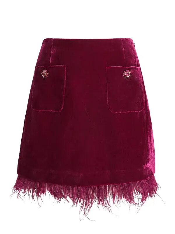 Cinq À Sept Velvet Mini Skirt With Feather Trim - Red