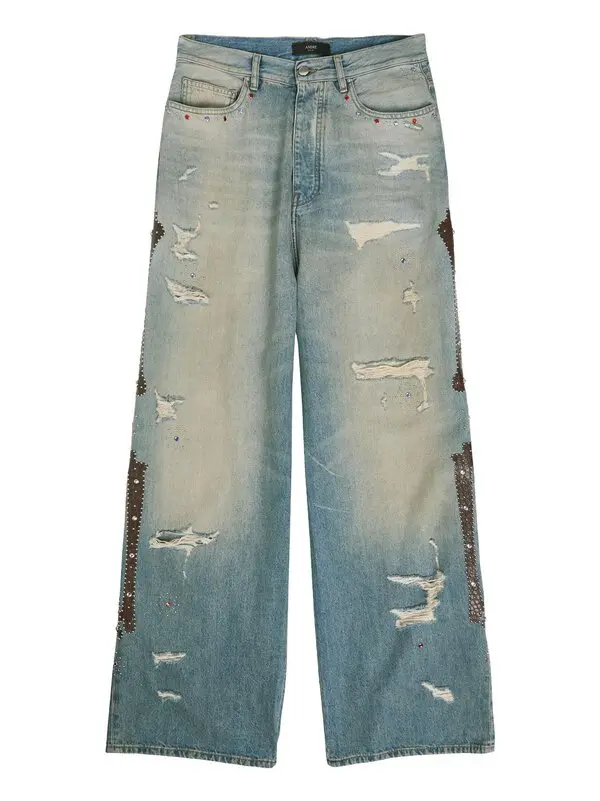 Amiri Bones Studded Distressed Relaxed Jeans - Blue