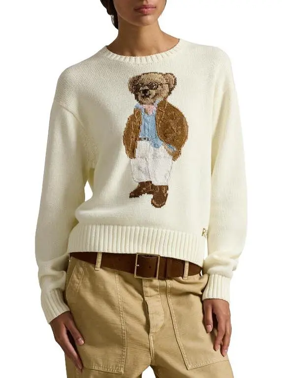 Ralph Lauren Traveler Bear Jacquard Cotton Crewneck Sweater - Parchment Cream