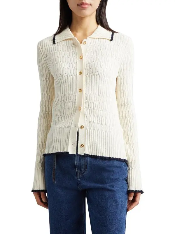 EENK Contrast Trim Pointelle Cable Knit Cardigan - Ivory