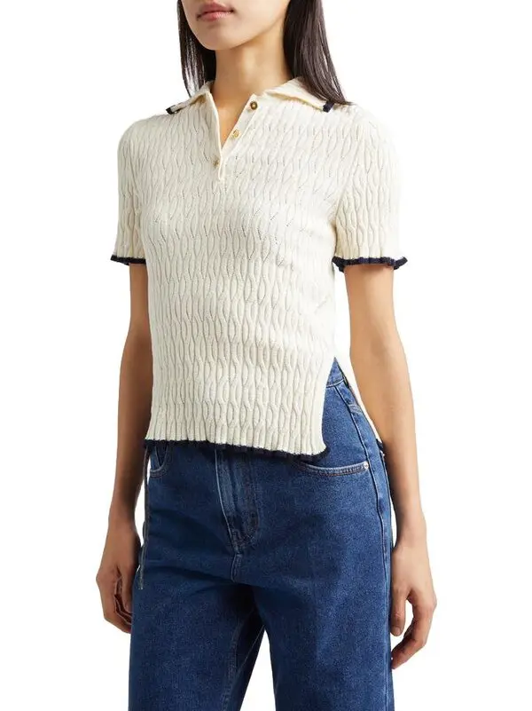 EENK Contrast Trim Cable Knit Polo - Ivory