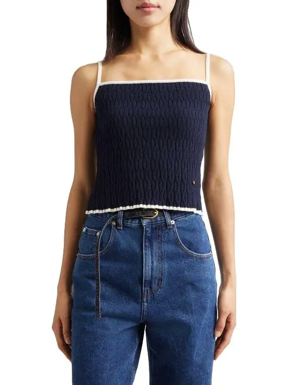 EENK Contrast Trim Pointelle Cable Knit Camisole - Navy