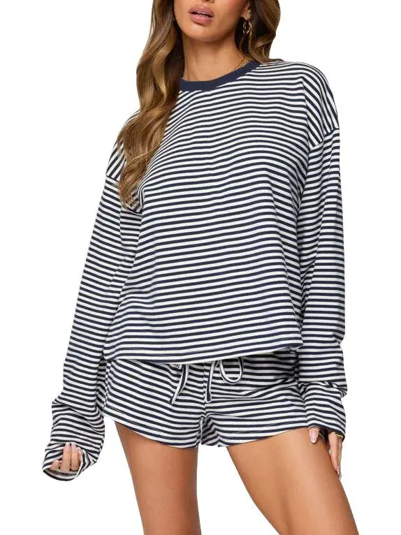 EDIKTED Jainee Stripe Long Sleeve Stretch Cotton T-shirt - Navy