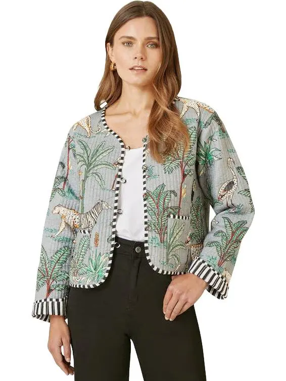 YUMI Animal Print Reversible Quilted Cropped Jacket - Grey