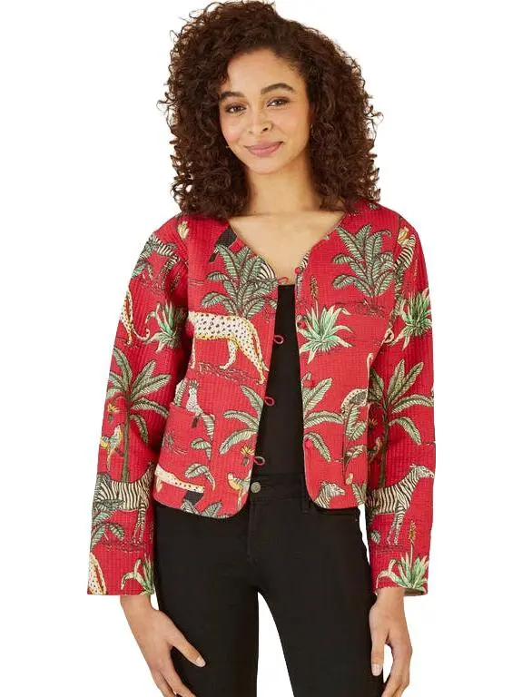 YUMI Animal Print Reversible Cropped Quilted Jacket - Red