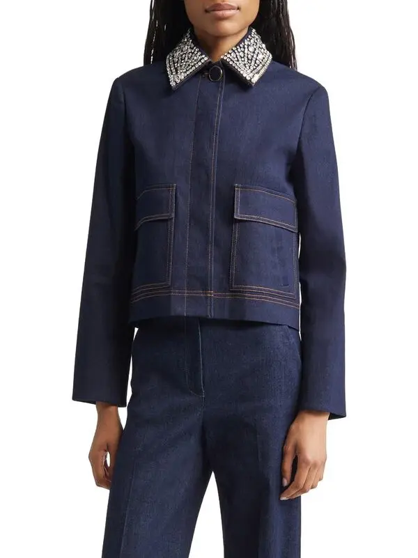 Veronica Beard Barrington Crystal-collar Denim Jacket - Midnight Wash