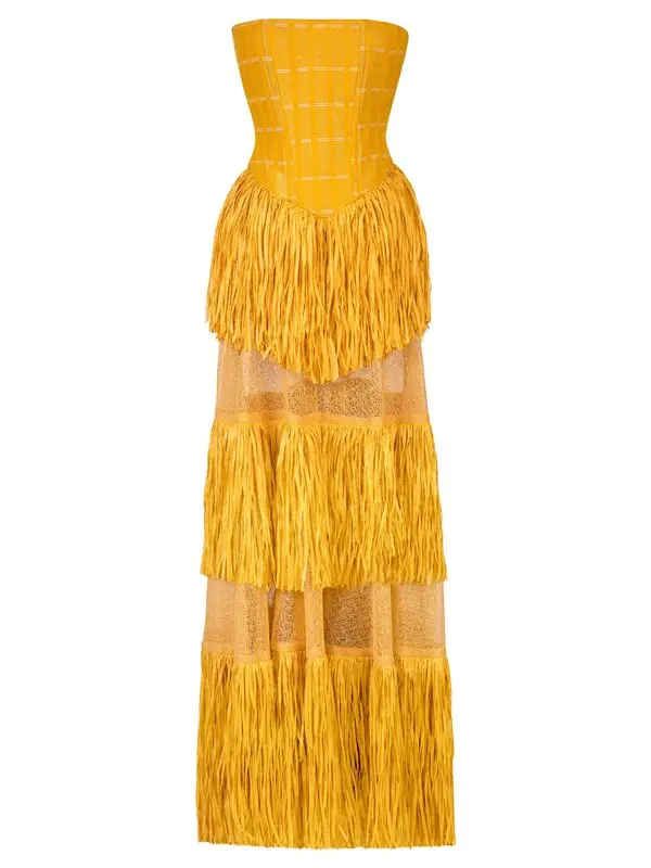 Kilentar Ano Tiered Fringe Maxi Dress - Yellow
